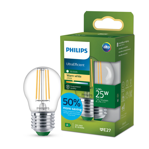 Philips LED lamp E27 | Kogel P45 | Ultra Efficient | Filament | Helder | 2700K 1.2W (25W ...